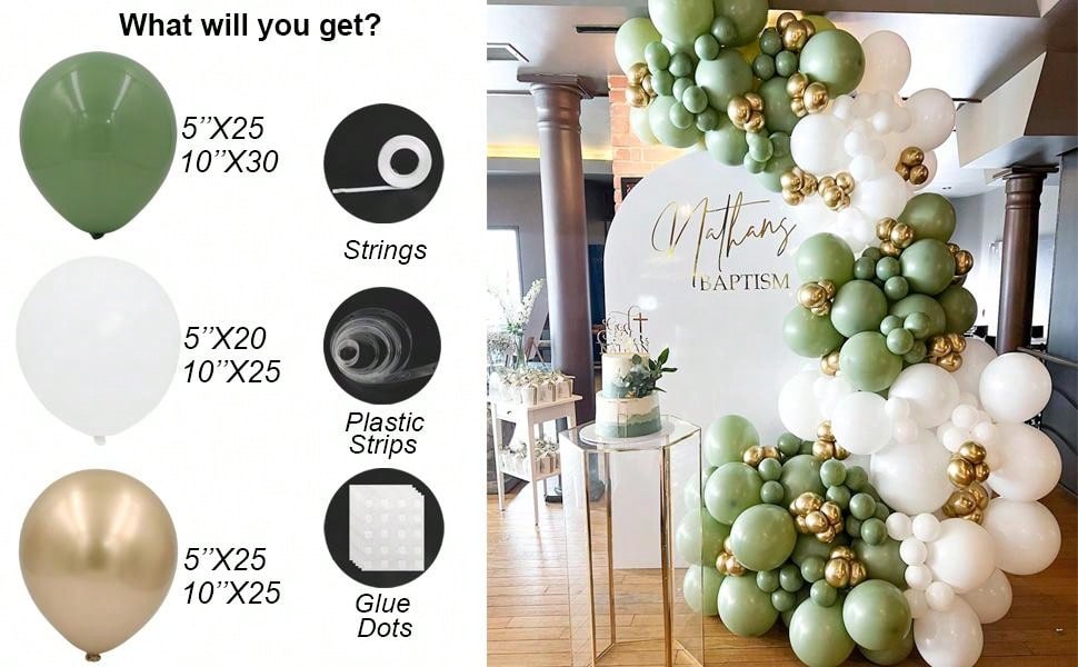 150pcs Sage Green And Gold Balloon Garland Arch Kit, Baby Shower Birthday Party Jungle Safari ...