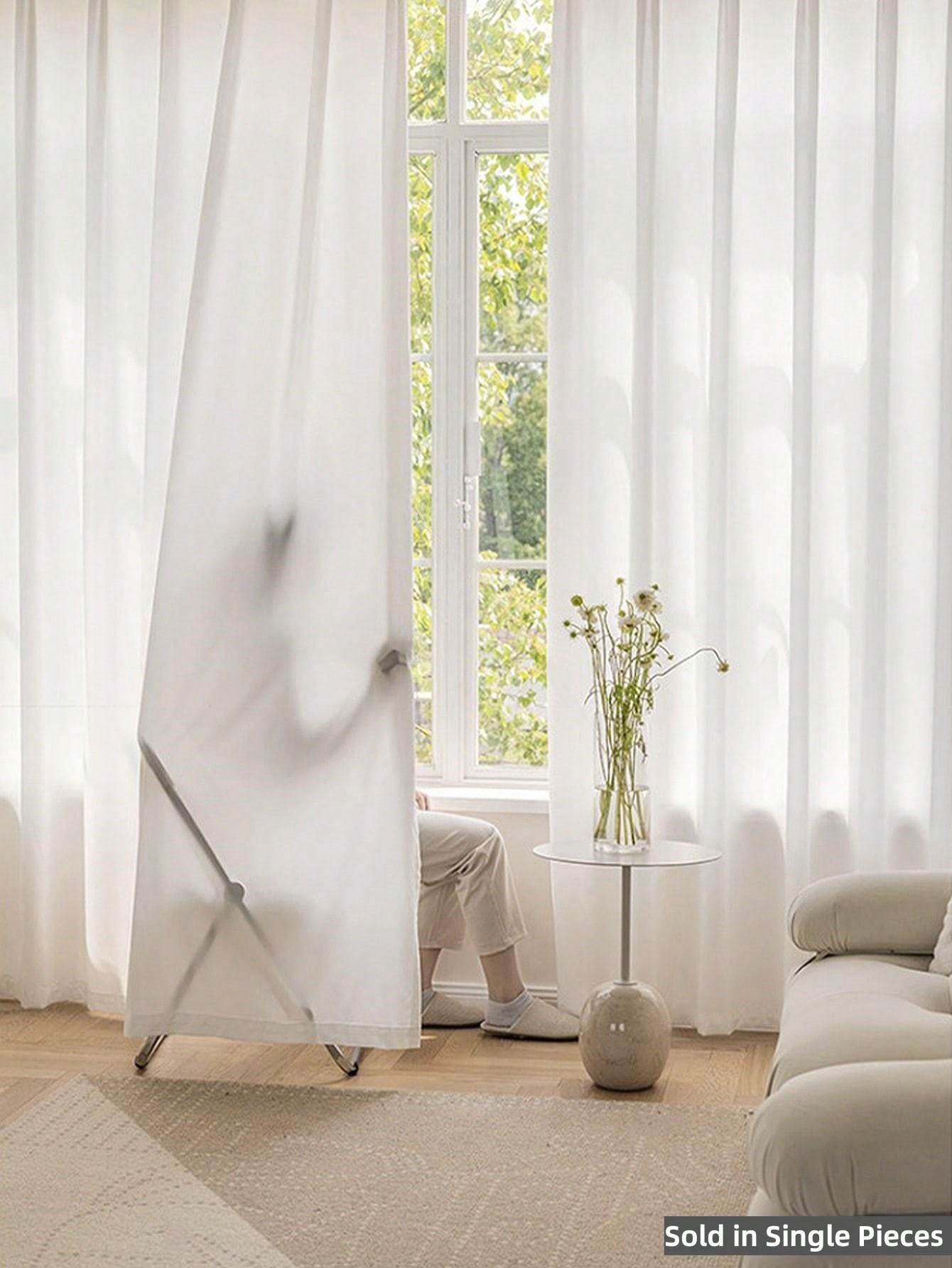 1pc White Polyester Fiber Sheer Curtain, Simple Style Translucent ...