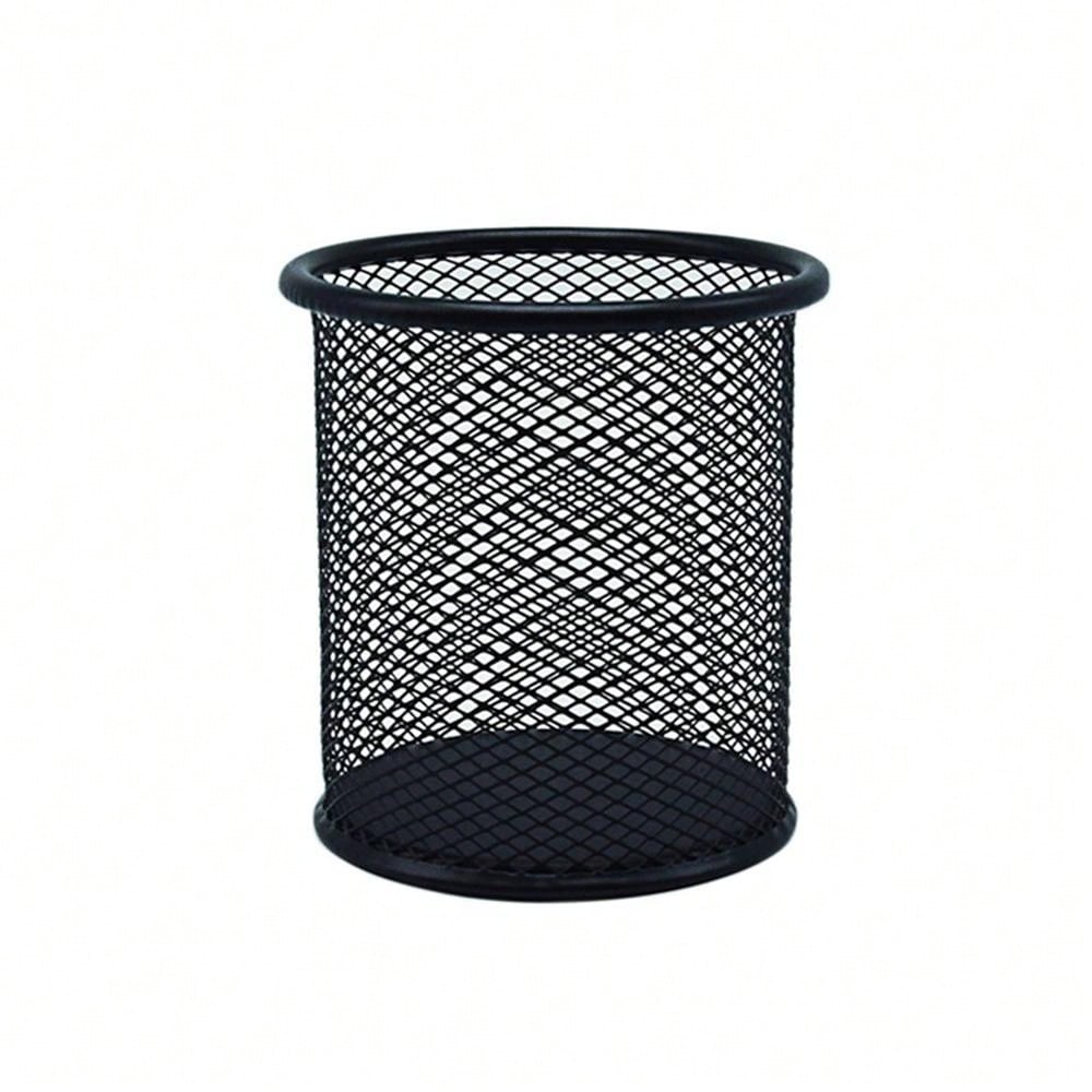 1pc Black Metal Round Pen Holder, Iron Art Mesh Simple Design Office Desk Pen Organizer With ...