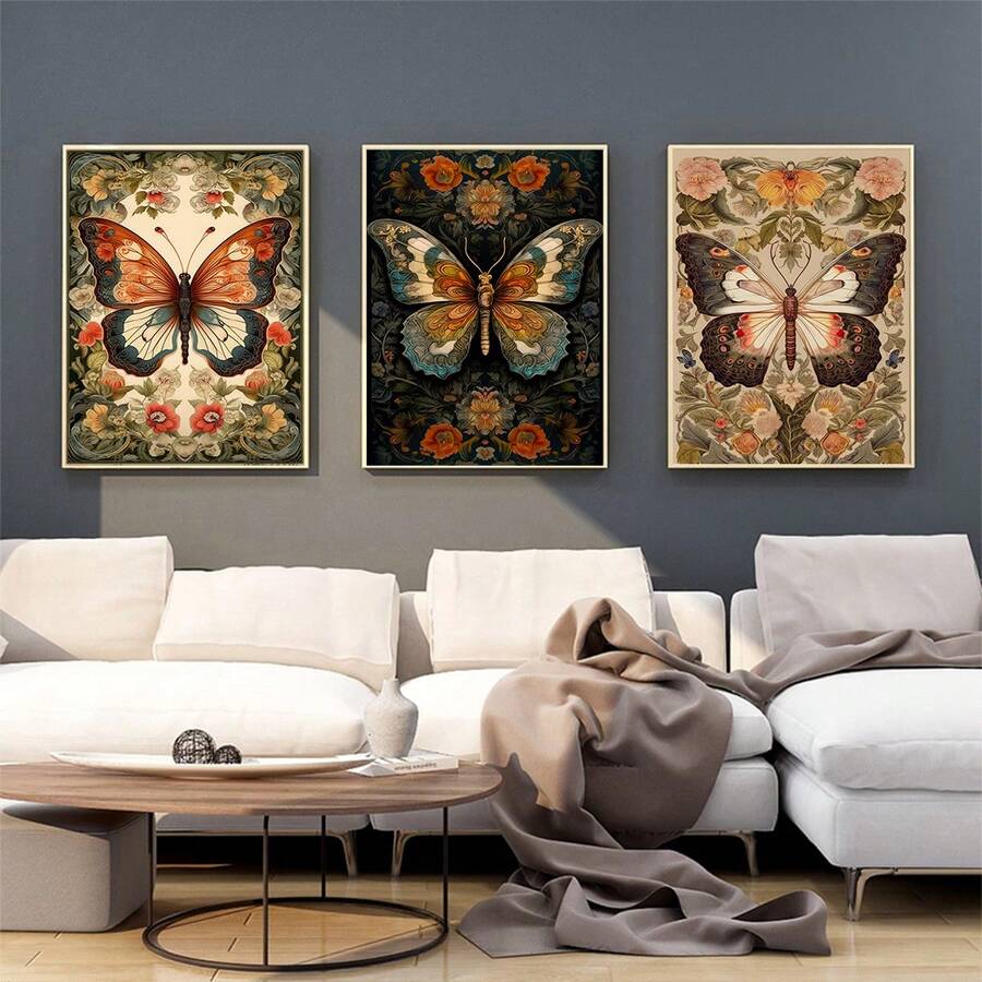 Butterfly Wall Art 3 Piece Print Set, Vintage Museum Exhibition Art ...