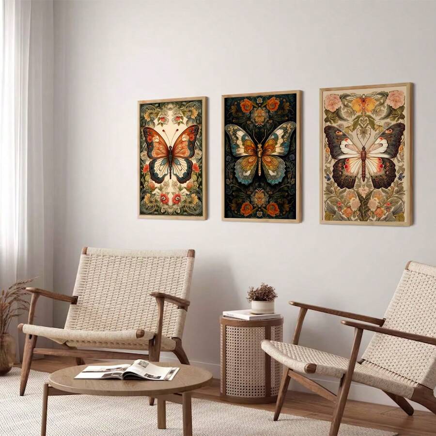 Butterfly Wall Art 3 Piece Print Set, Vintage Museum Exhibition Art ...