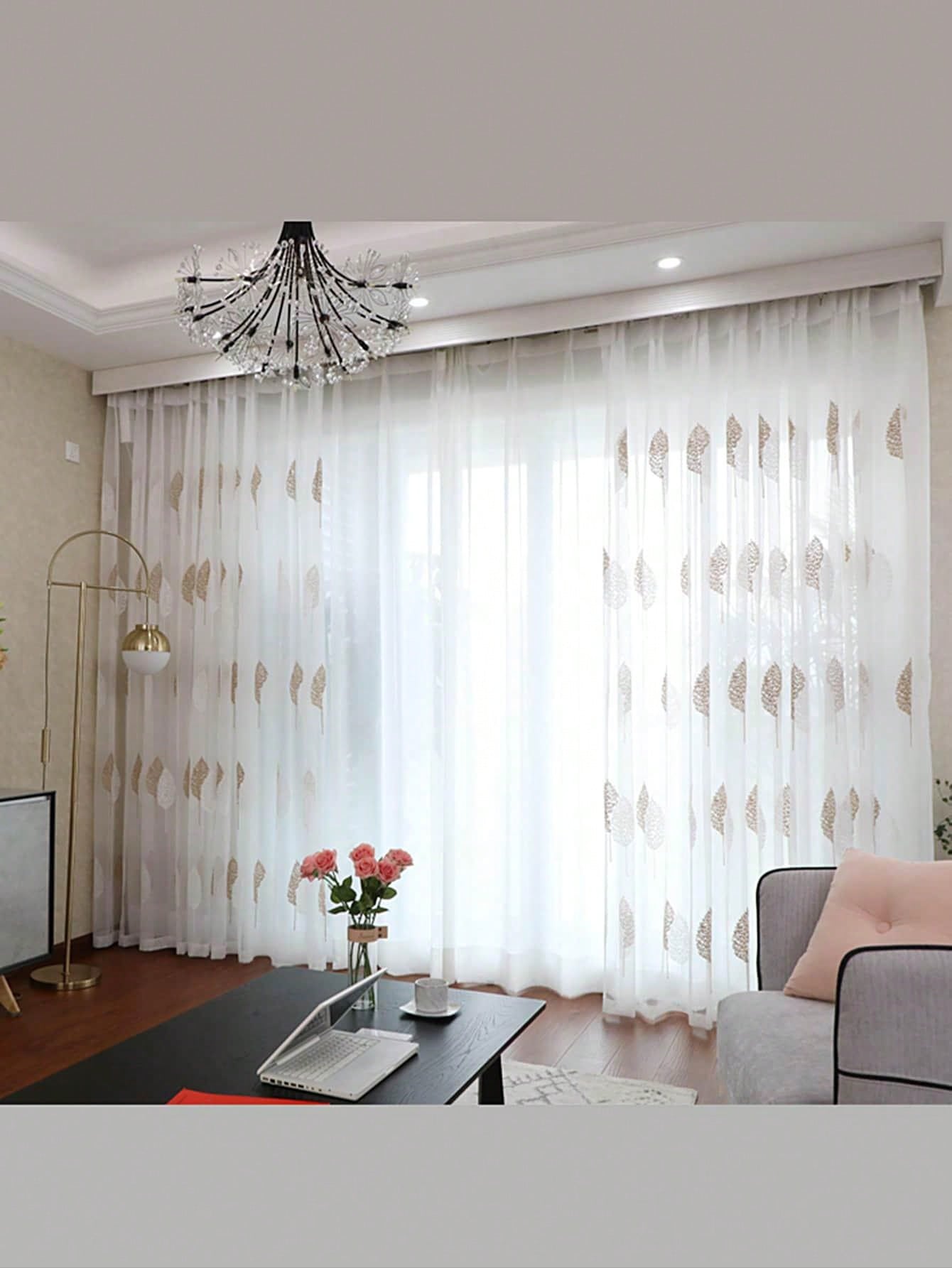 1pc, Coffee Color Leaf Pattern Embroidered Voile Curtain, Polyester ...