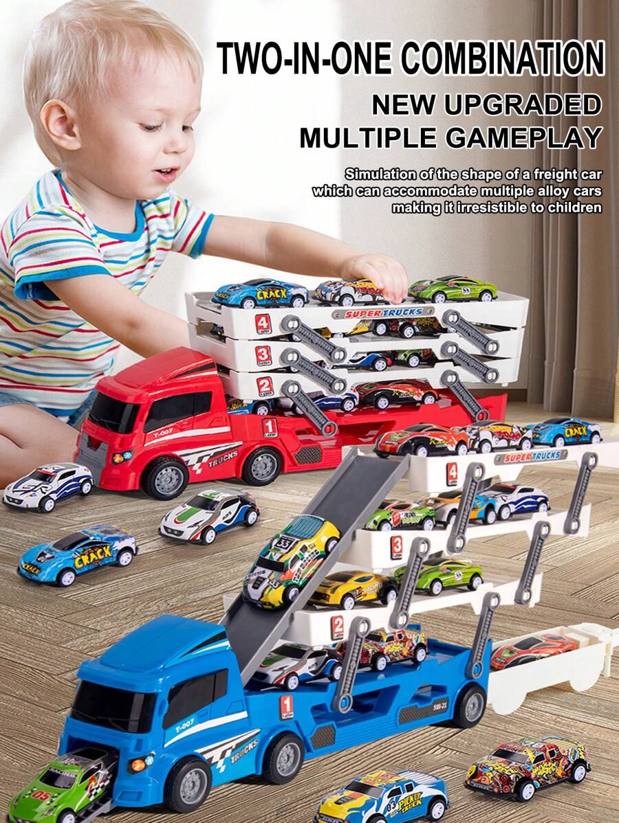 [Blue-1pc Transformable 4-Layered Rolling Container Track Truck + 6pcs ...