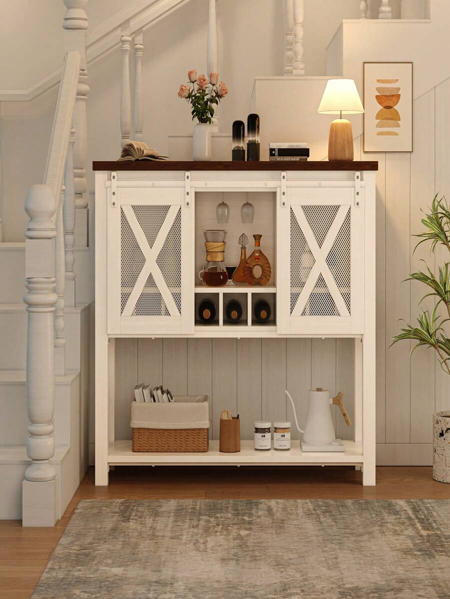 Wine Bar Cabinet With Barn Door, Farmhouse Buffet Storage Cabinet With ...