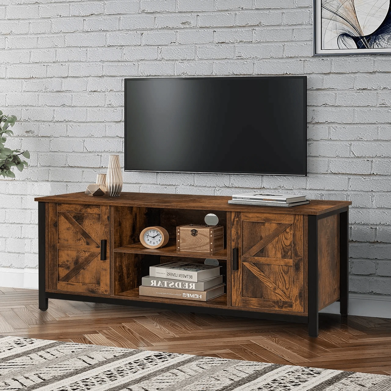 Farmhouse TV Stand For 55 Inch TV, TV Console With Storage Barn Doors ...