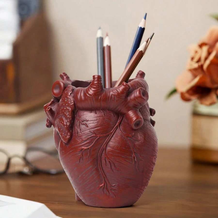 1pc Red Heart Shaped Pen Holder For Home Office Desk, Living Room ...