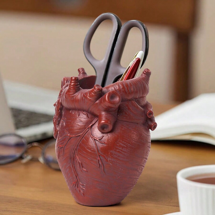 1pc Red Heart Shaped Pen Holder For Home Office Desk, Living Room ...