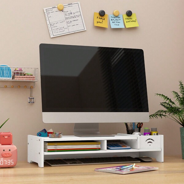 1pc White Monitor Stand With Drawer, Multifunctional Desk Organizer And ...
