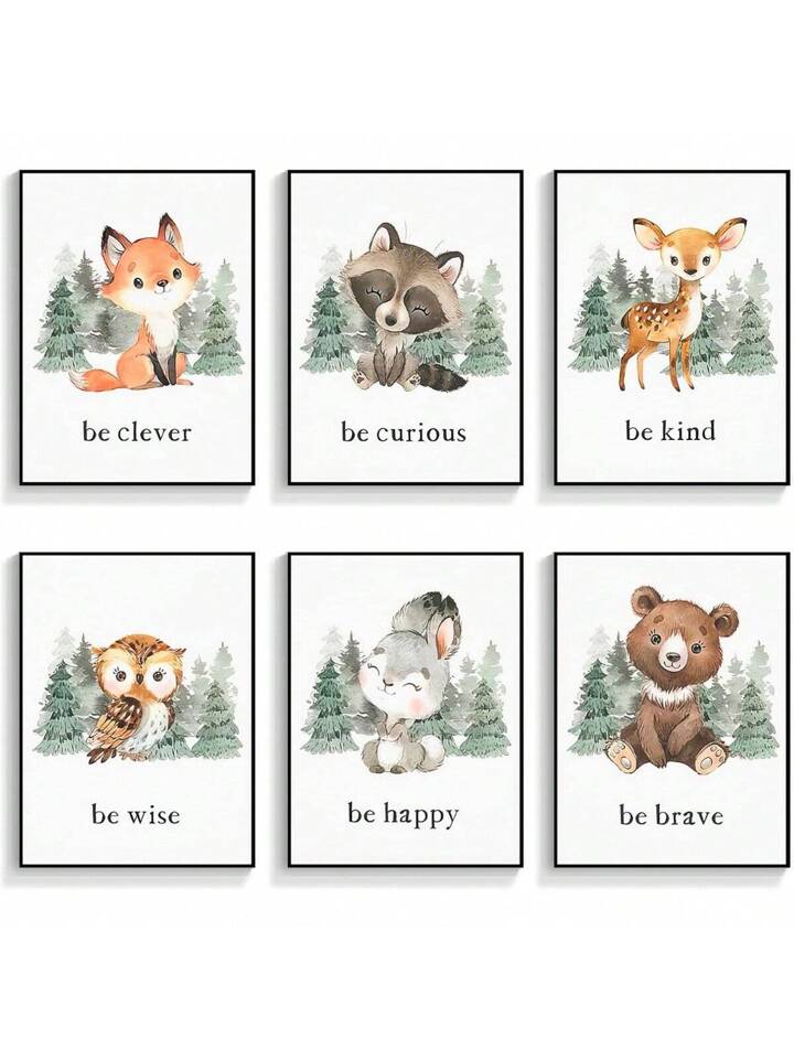6 Pieces Woodland Animals Nursery Canvas Wall Art Cute Safari Jungle ...