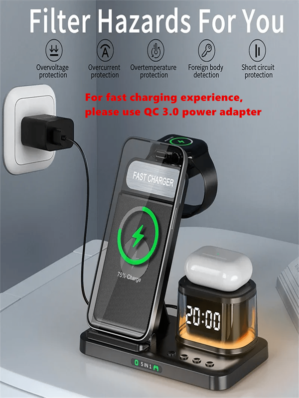 5 In 1 Foldable Wireless Charger Stand Clock RGB Compatible With IPhone ...