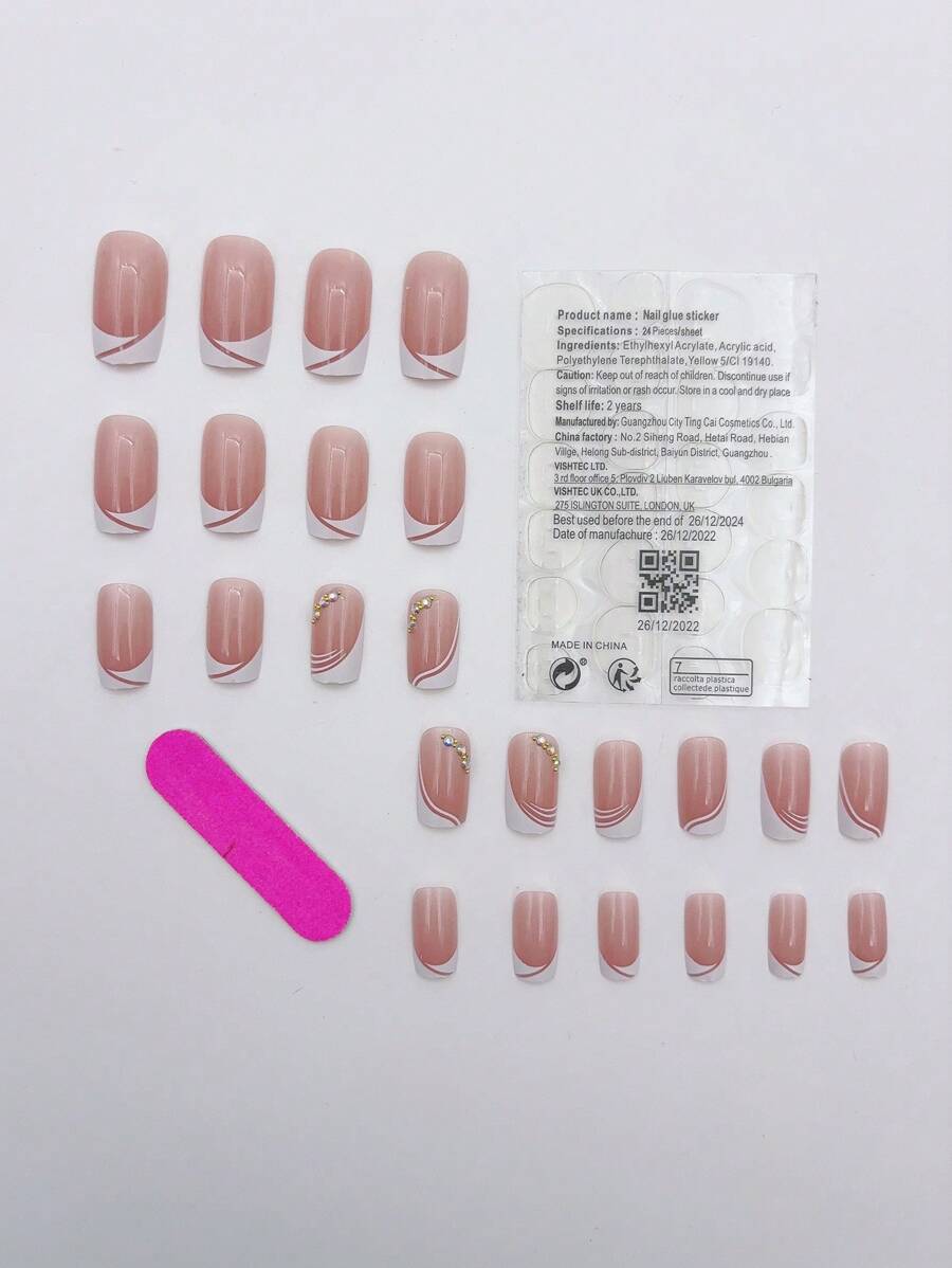 24pcs Complete Set False Nails, Elegant Pink Ombre Glitter French ...