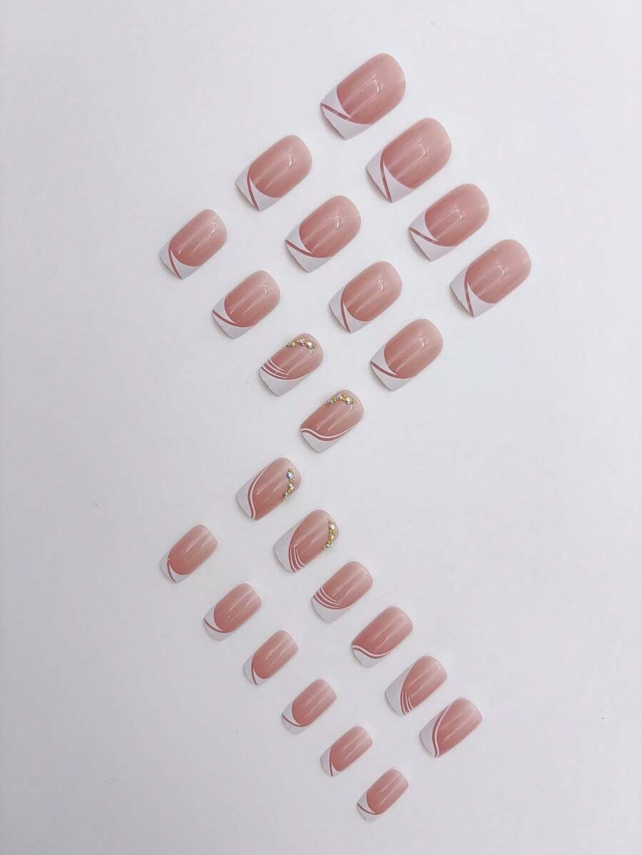 24pcs Complete Set False Nails, Elegant Pink Ombre Glitter French ...
