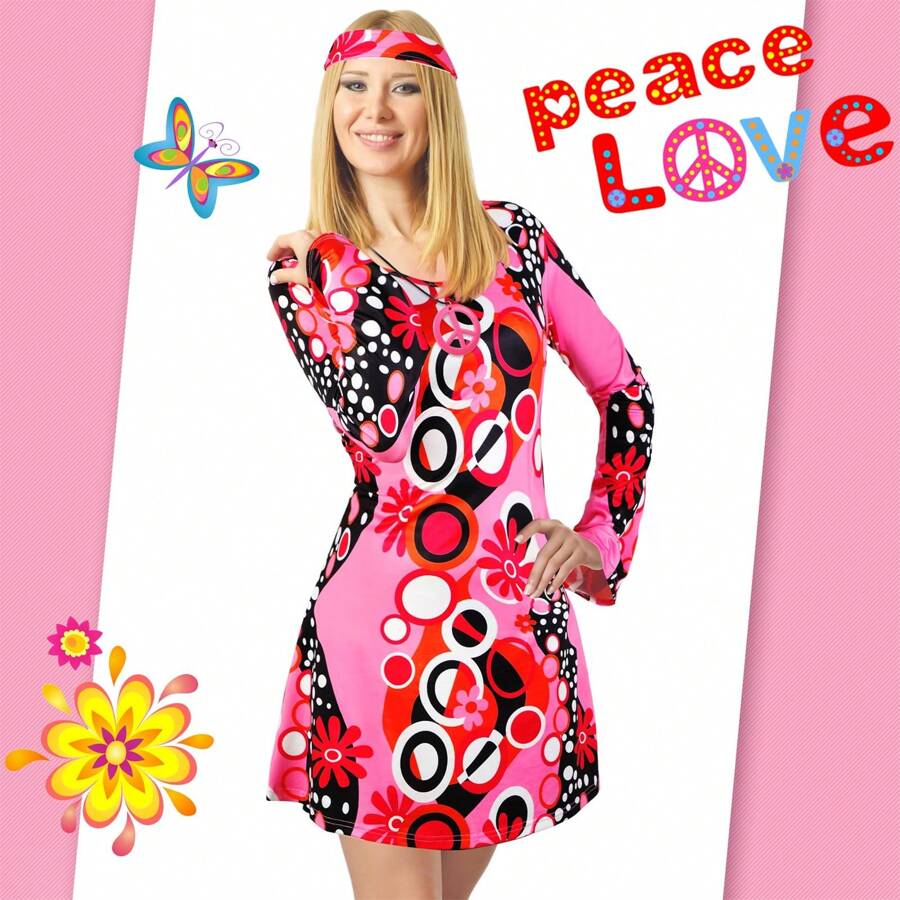 5pcs Women Hippie Costume Party Disco 70's Dance Costume Set Peace Sign ...