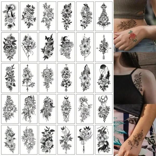 30pcs Set Of Beautiful Black Line Drawing Flower Temporary Tattoos ...