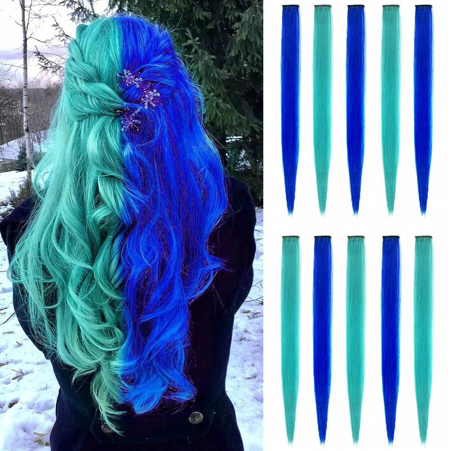 10 szt. Cyjan Szafir Niebieski Kolorowe Zapięcie Doczepy do włosów 20 ...