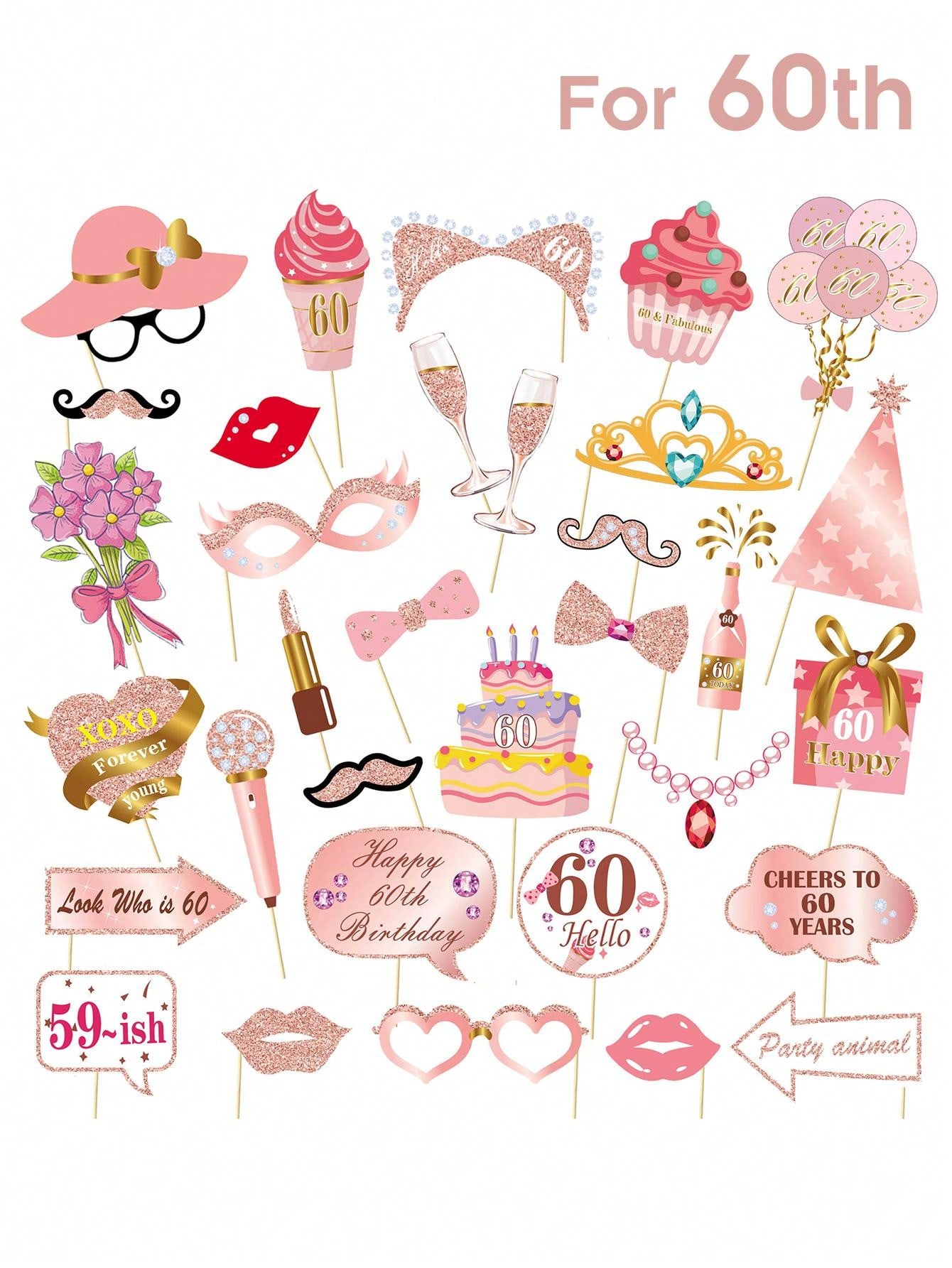 33 Pcs Rose Gold Glitter Birthday Photo Booth Props Kit, DIY Funny ...