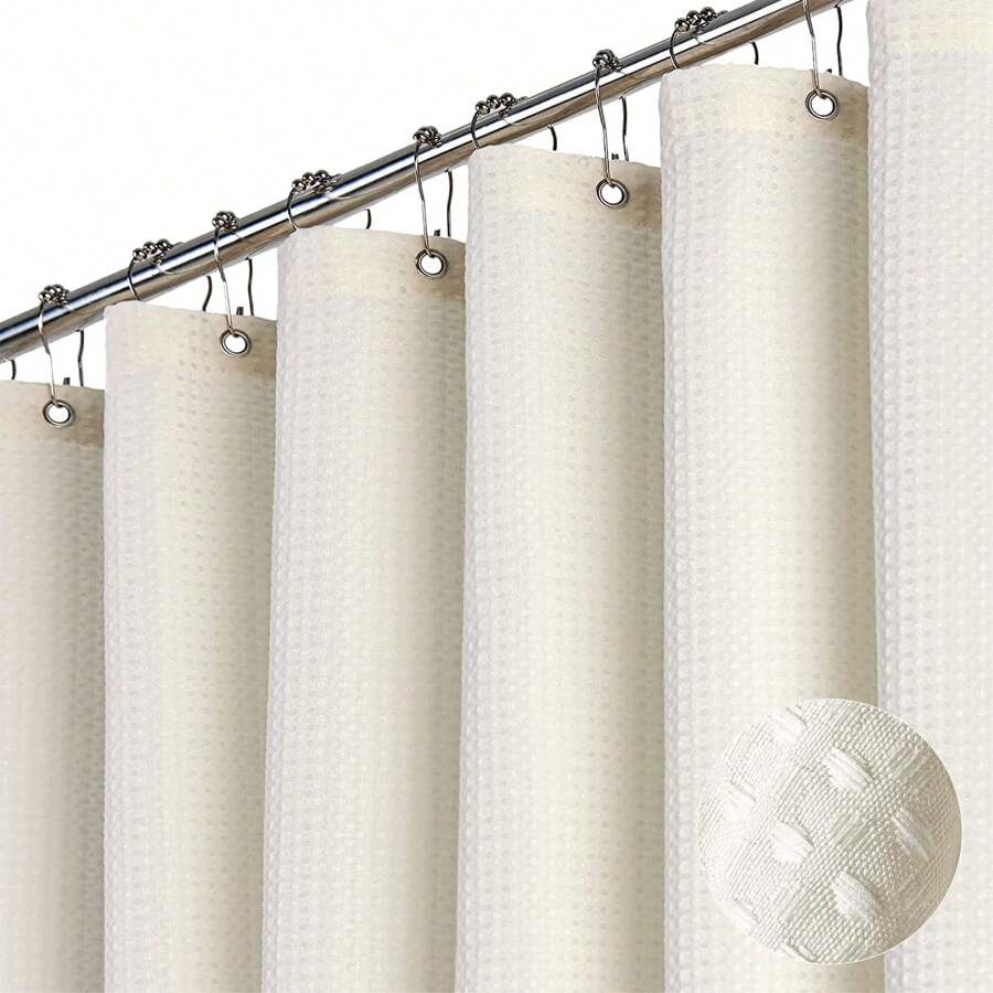 Ivory Fabric Shower Curtain - Waffle Textured Heavy Duty Cloth Curtains ...