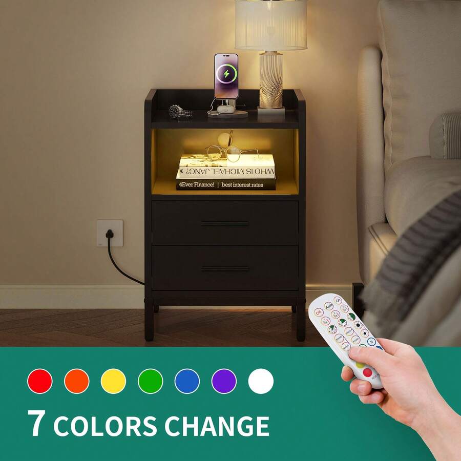 Set Of 2 Nightsand With LED Lights And Charging Station, End Bedside ...