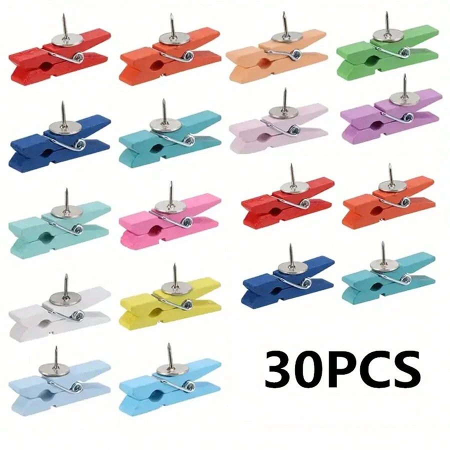 30pcs Colorful Wooden Pushpins, Photo Clips, And Head Pushpins, With ...