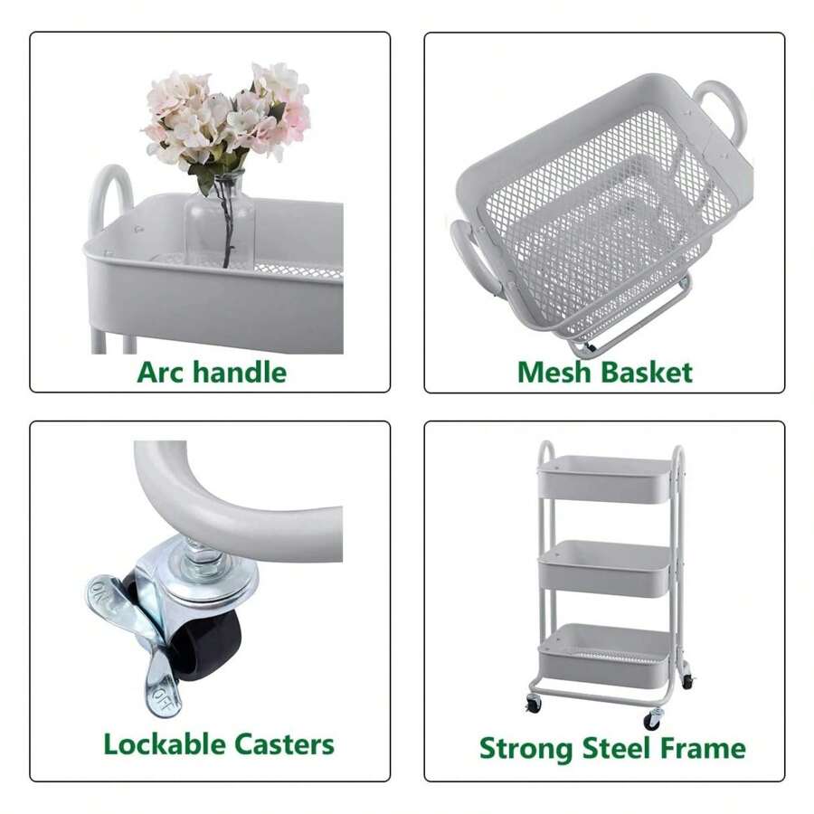 3-Tier Metal Mesh Utility Rolling Cart Storage Organization Cart With ...