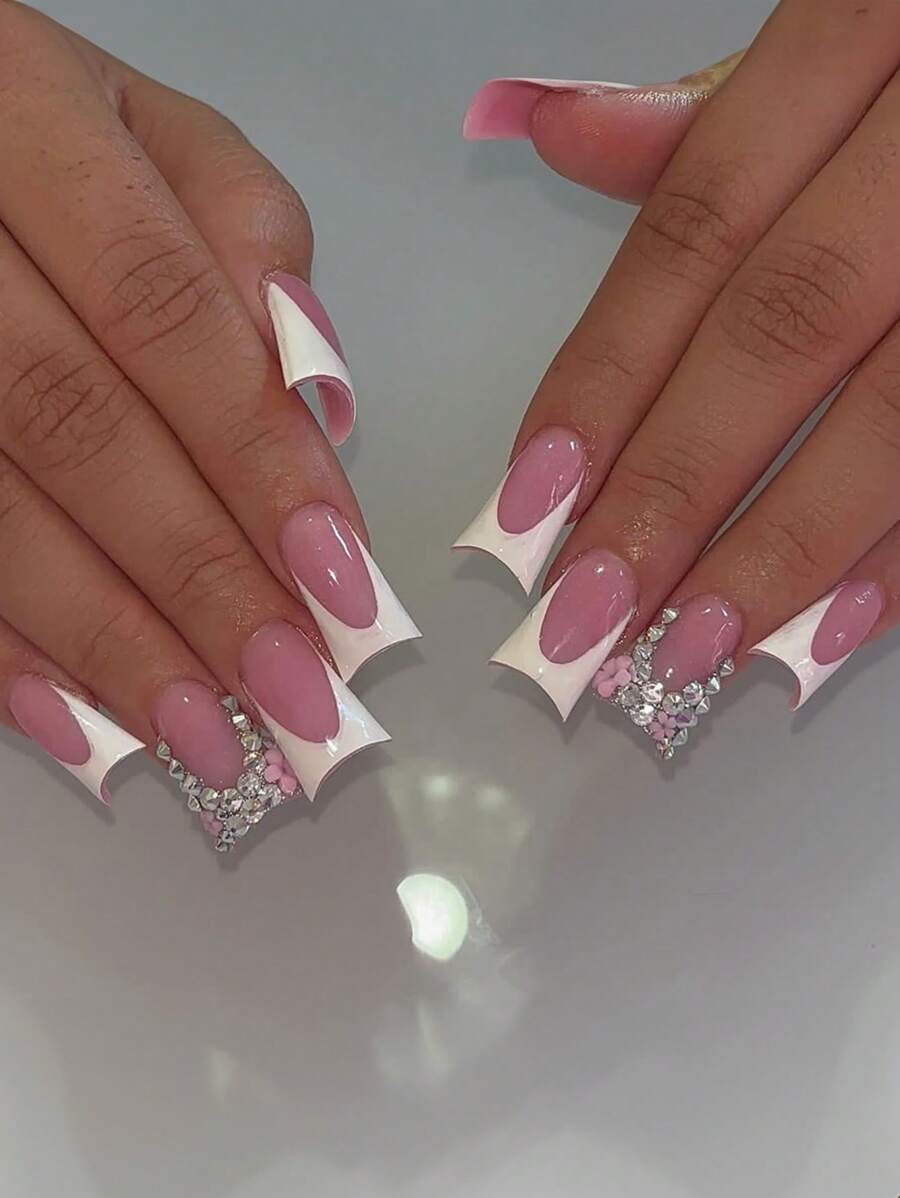 24pcs Full Cover Duck Nail Tips White French Pink Flowers Rhinestone ...