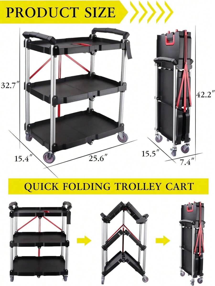 Kalolary Folding Collapsible Service Cart, Heavy Duty 3-Shelf Rolling ...