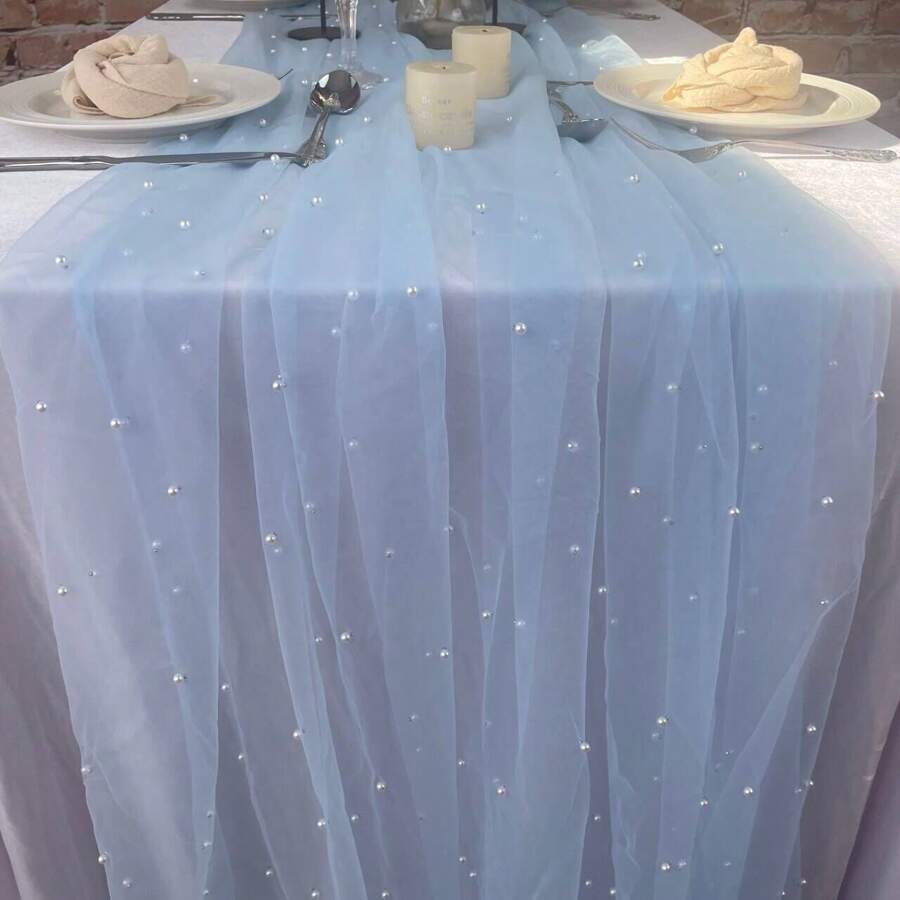 Faux Pearl Decorated Table Banner, Wedding Pearl Chiffon Table Banner ...