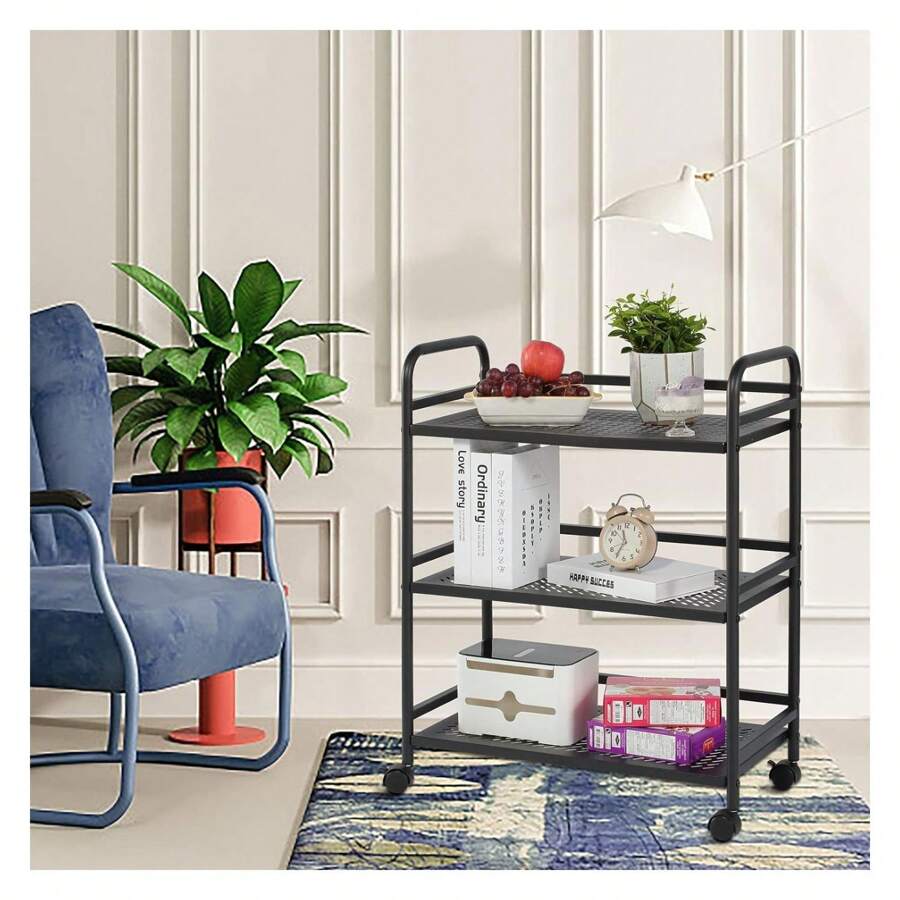 3-Tier Mesh Metal Rolling Cart, Multipurpose Heavy Duty Cart ...