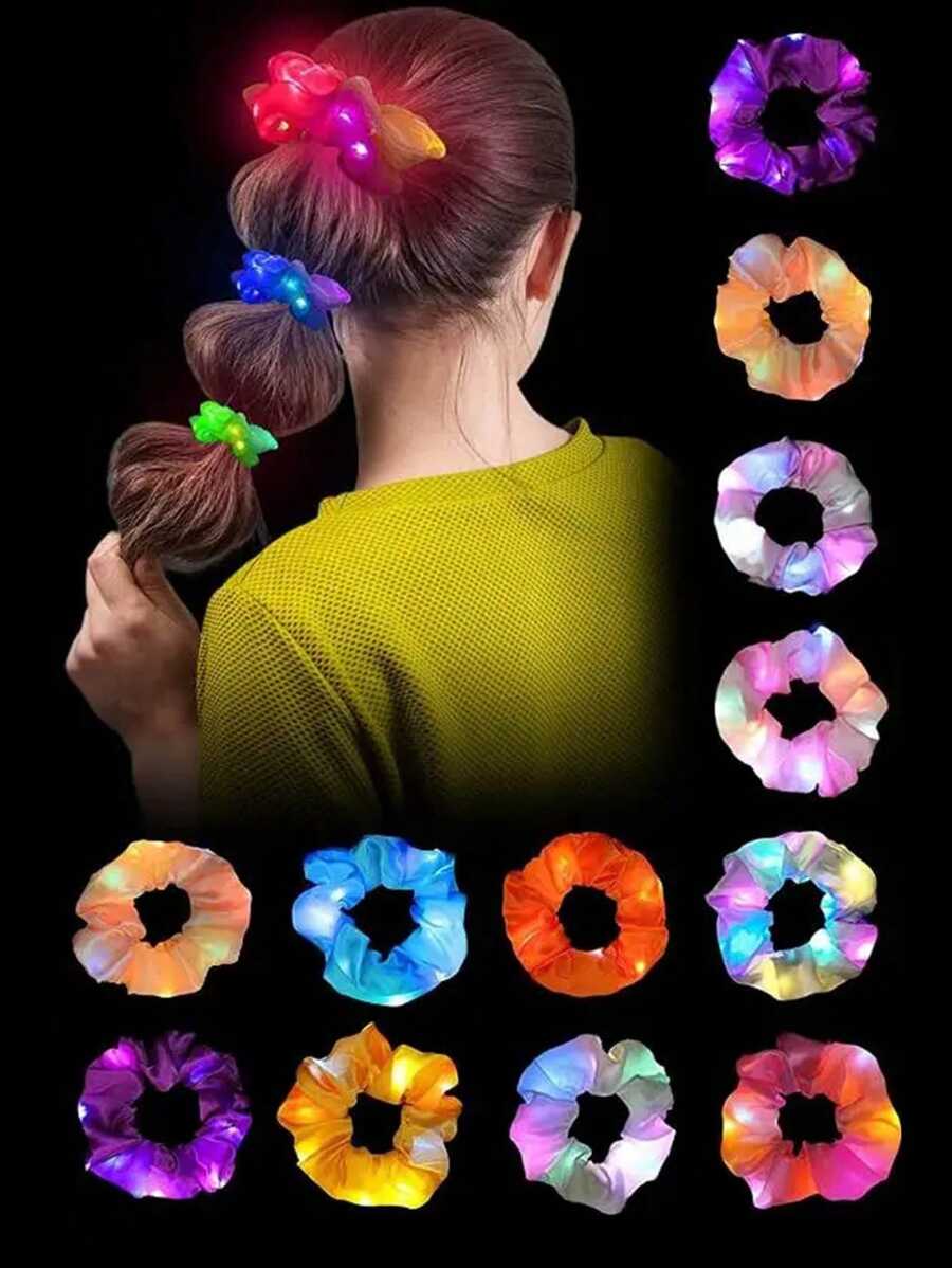 1/5/10 Pcs LED Light Hair Scrunchies Satin Elastic Bands Ties Ropes ...