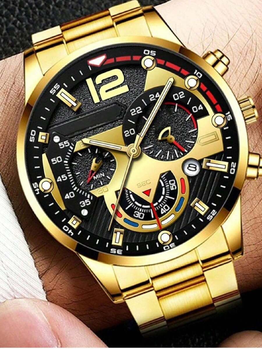 2pcs Bracelet & Watch Set, Luxury Sports Gold Watch For Men, Business ...