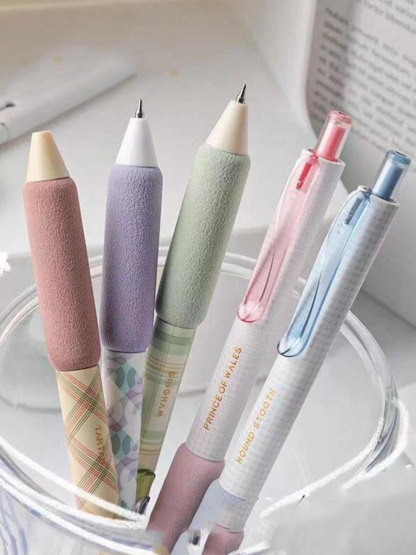 5pcs/Set Vintage Plaid Pattern Neutral Pens With Soft Grip And Push ...