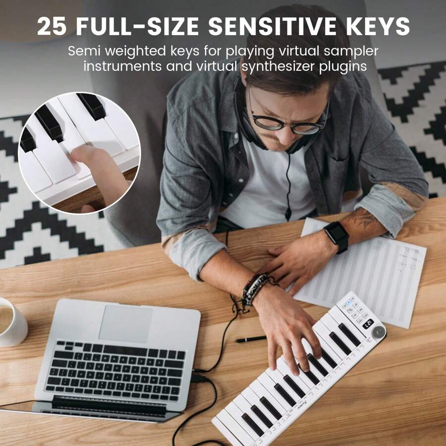 Asmuse 25 Key USB MIDI Keyboard, Bluetooth Sensitive Keys MIDI Controller With Assignable ...
