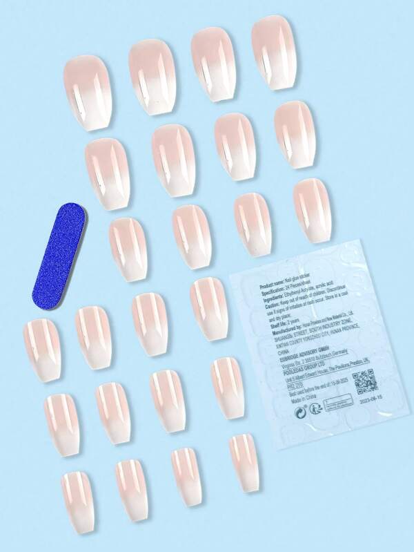 24pcs Short Coffin Shape Gradient Pink False Nails, Fashionable ...
