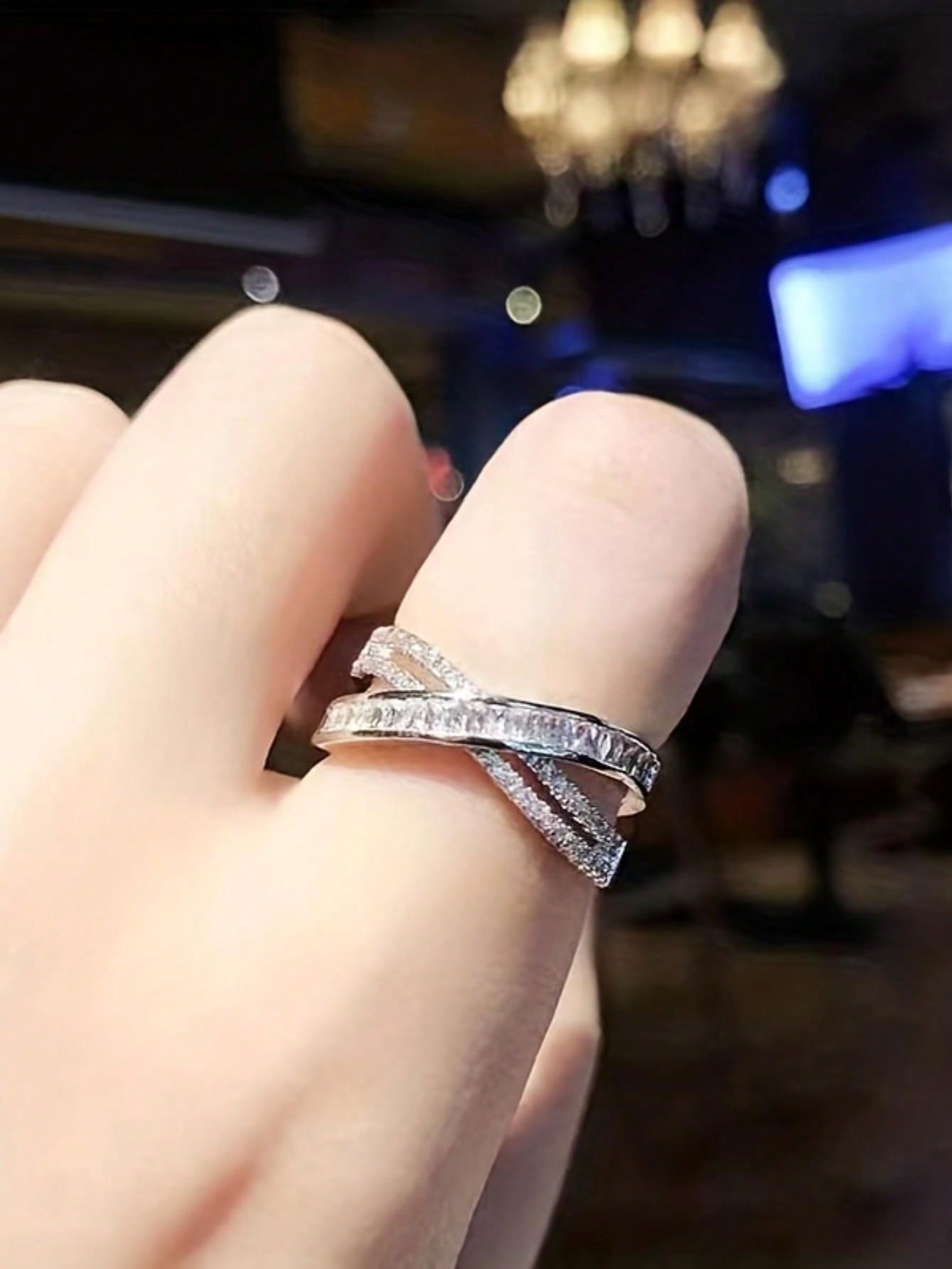 Simple Double-Layer Cross-Design Sparkling Open-Ended Ring Adjusted To Fit Lady Finger, Elegant ...