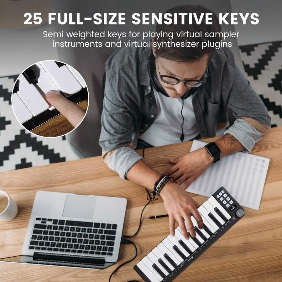 Asmuse 25 Key USB MIDI Keyboard, Bluetooth Sensitive Keys MIDI ...