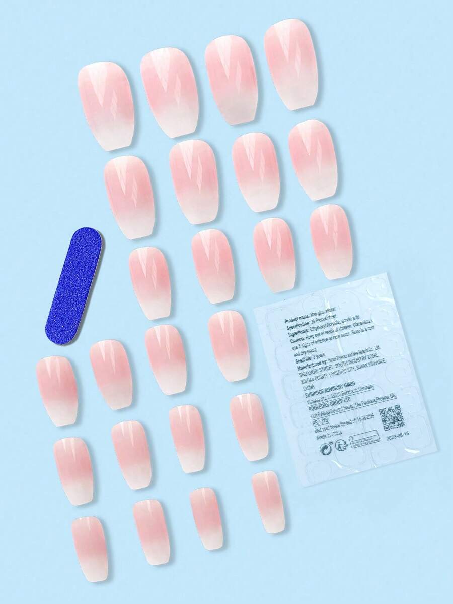 24pcs Short Coffin Shape Pink Gradual Change Jelly Pink Nail Kit ...