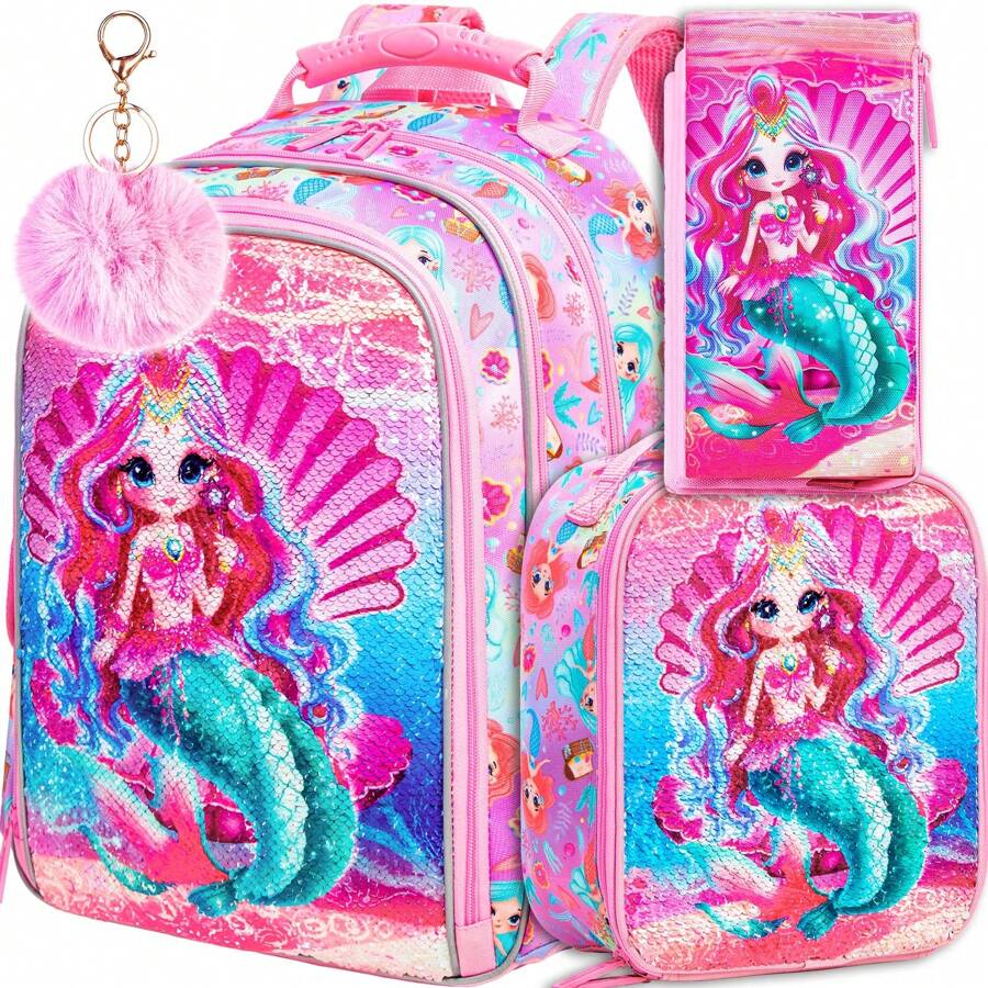 3PCS Mermaid Backpack For Girls, 16" Little Kids Sequin Preschool ...