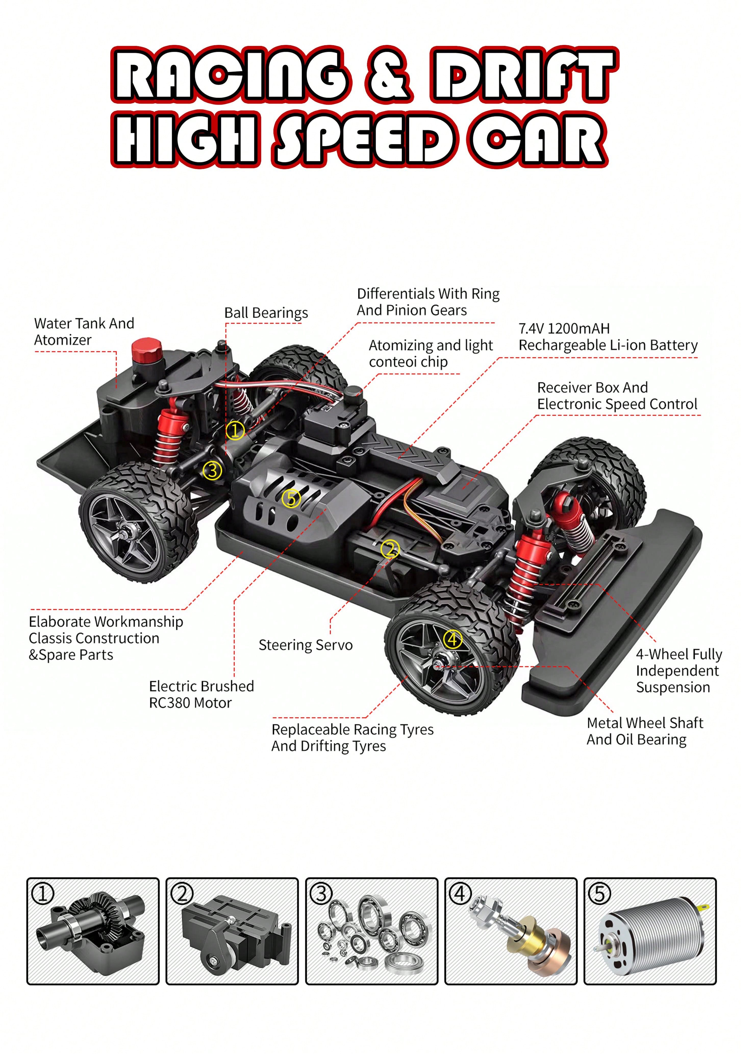 1:16 4wd Full Proportional Rc Racing & Drift Car High Speed, Red (Comes ...