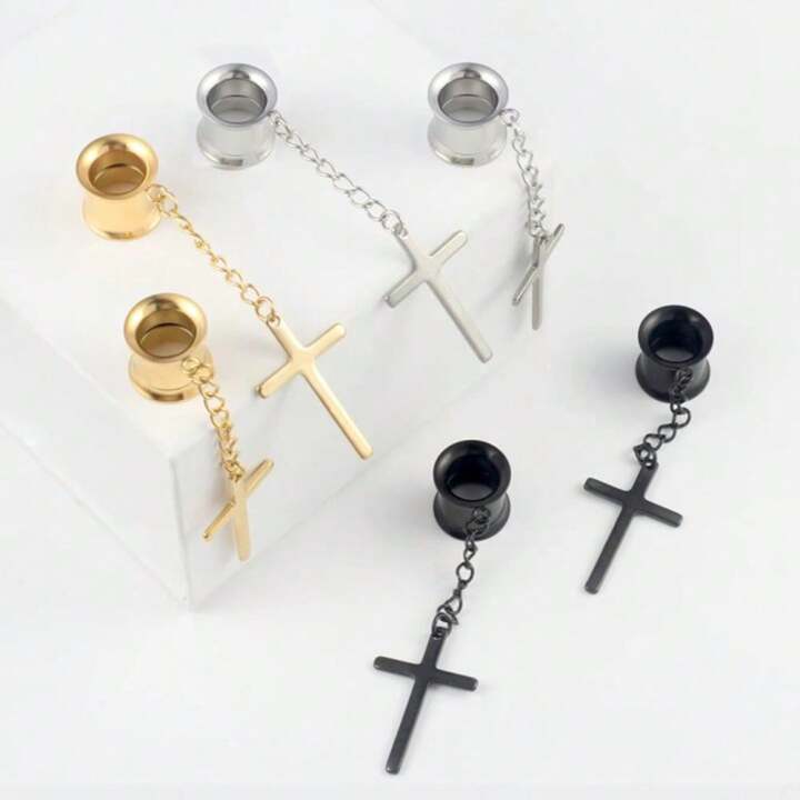 2PCS Cross Dangle Ear Plugs Tunnel 316L Stainless Steel Hanger Gauges Expanders Metal Fashion Drop Earrings Cross Shape Gift SHEIN USA