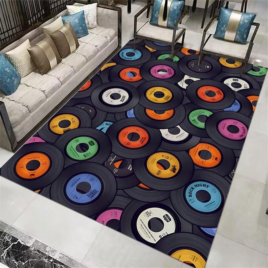 1pc Black Vinyl Record-Shape Crystal Flannel Rug For Living Room, All ...
