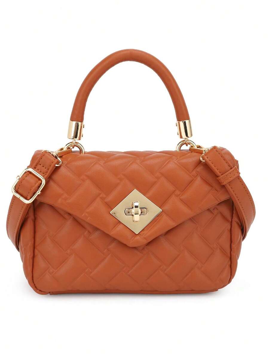 Elegant Quilted Crossbody Bag, Top Handle Flap Bag With Turn Lock, Chic ...