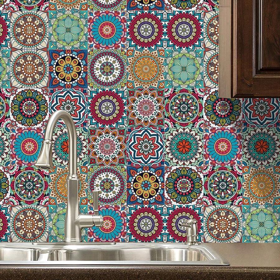 25 Sheets Retro Mandala Tile Sticker Backsplash Bathroom Kitchen Wall ...