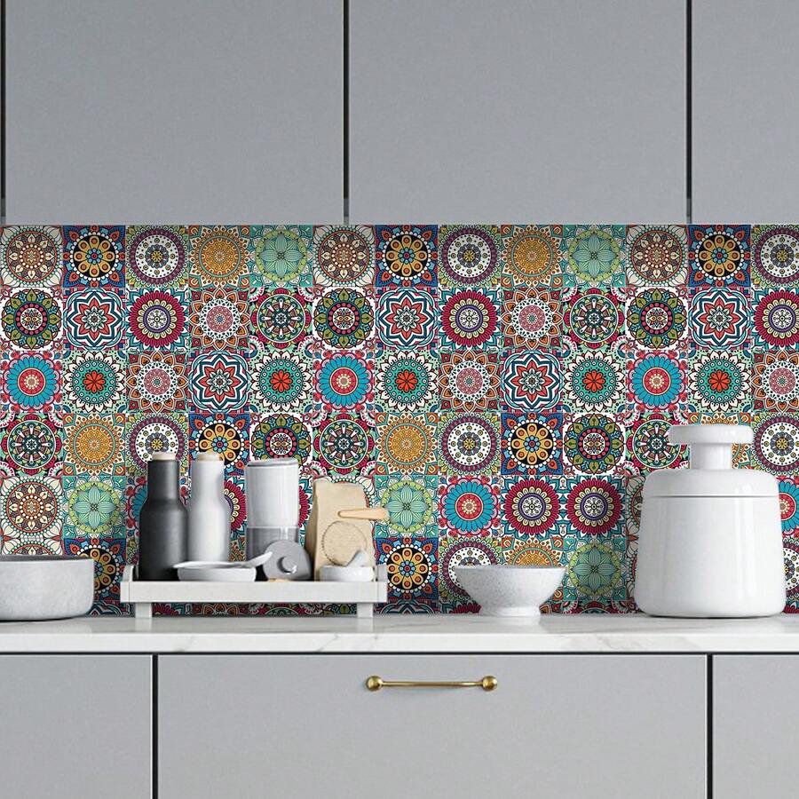 25 Sheets Retro Mandala Tile Sticker Backsplash Bathroom Kitchen Wall ...