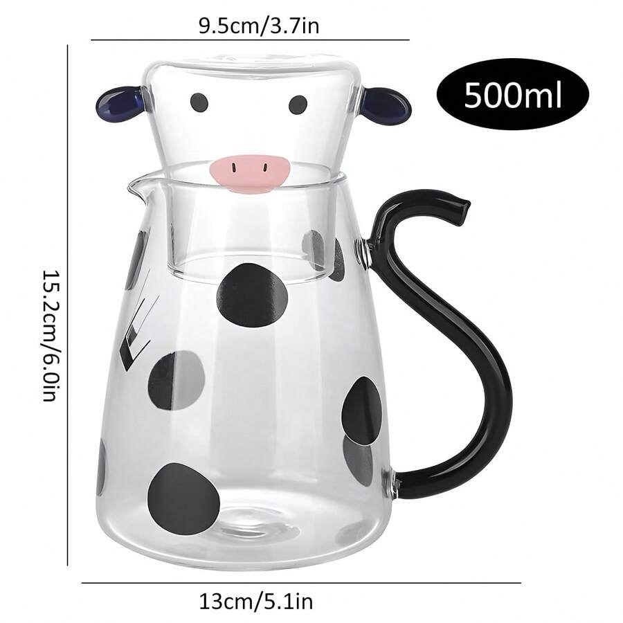 Cow Glass Water Pitcher With Glass Cup 500ml V-Shaped Spout Cow Glass Jug Heat Resistant Cute ...