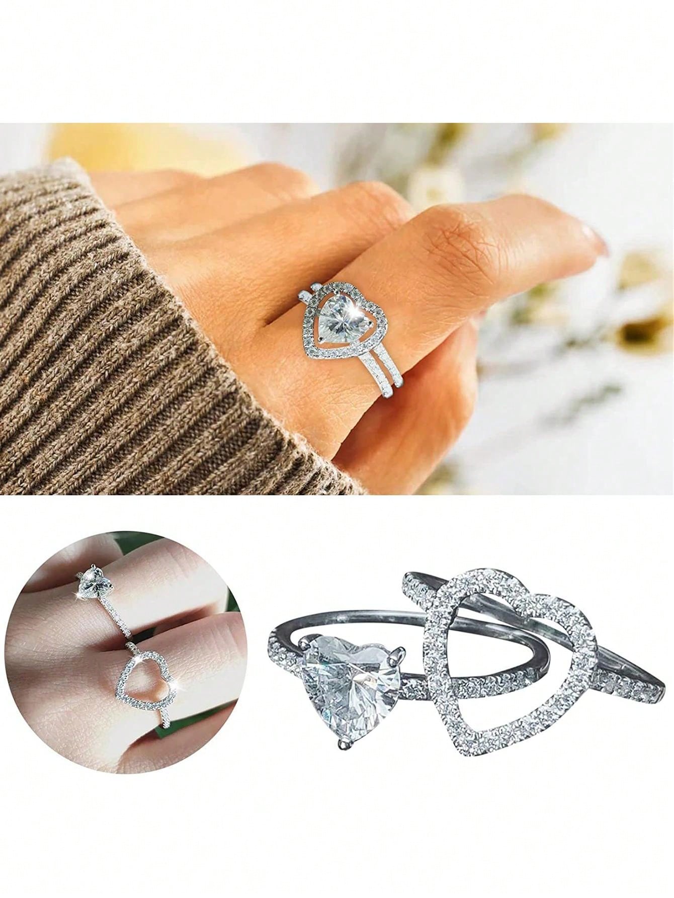 2pcs European And American Style Heart Shaped Rhinestone Couple Rings ...