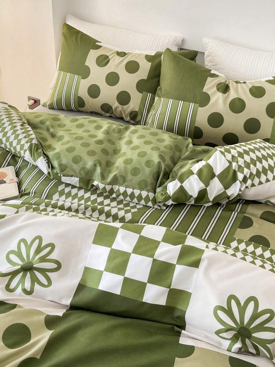3-piece Modern Flower And Geometric Pattern Duvet Cover Set, Includes 1 ...