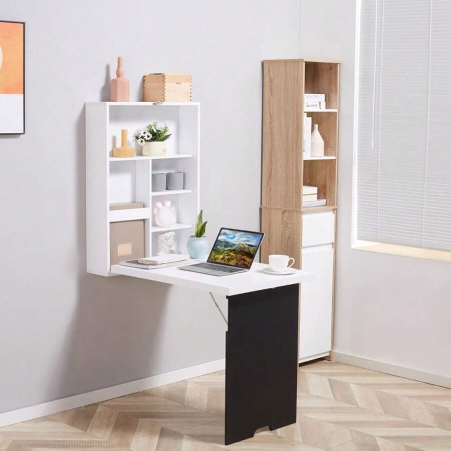 Compact Fold Out Wall Mounted Convertible Desk With Storage, White ...