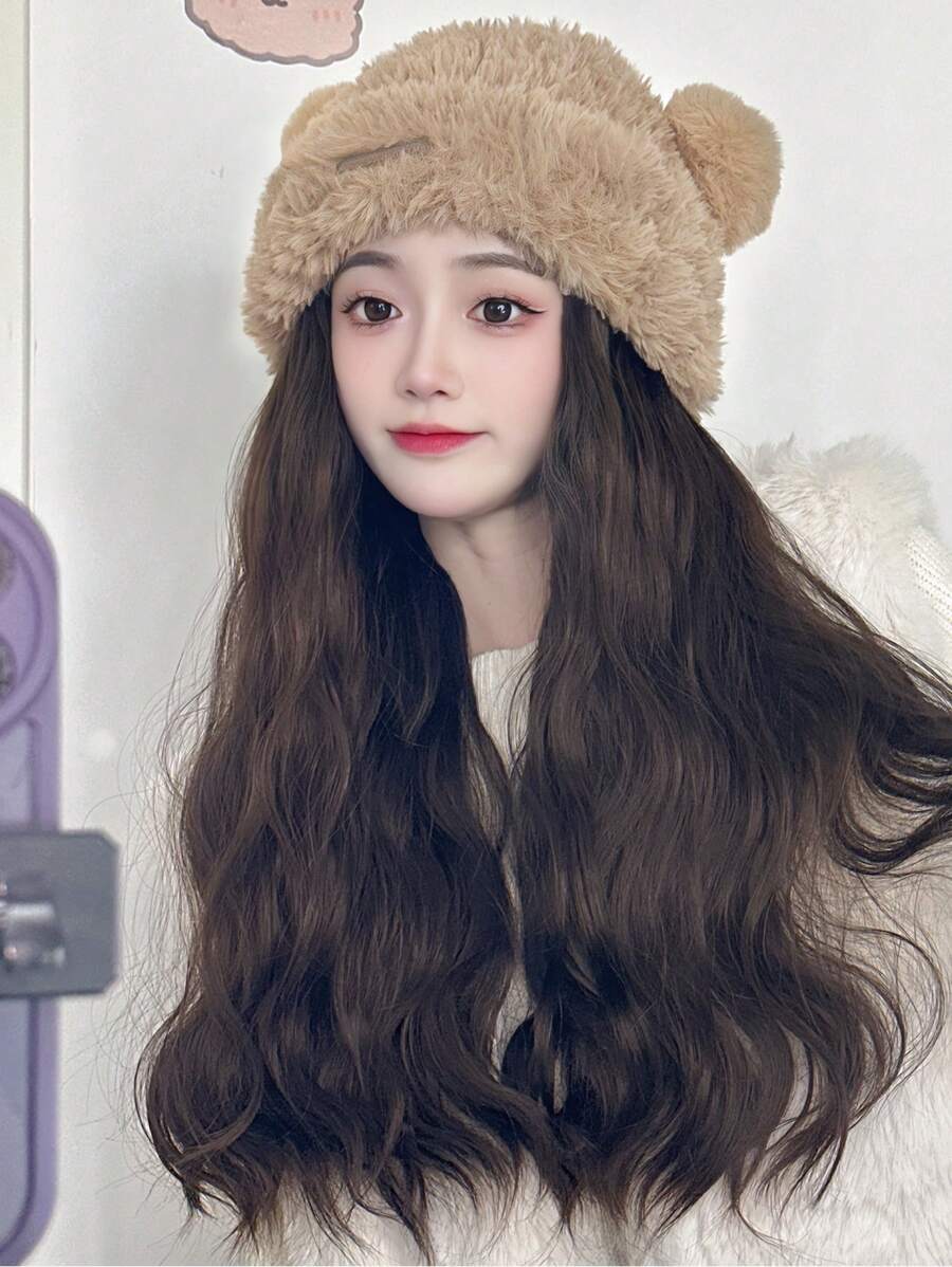 [ Little Bear Soft ] Cute Soft And Warm Little Bear Hat Wig Hat One Piece Water Wave Pattern ...