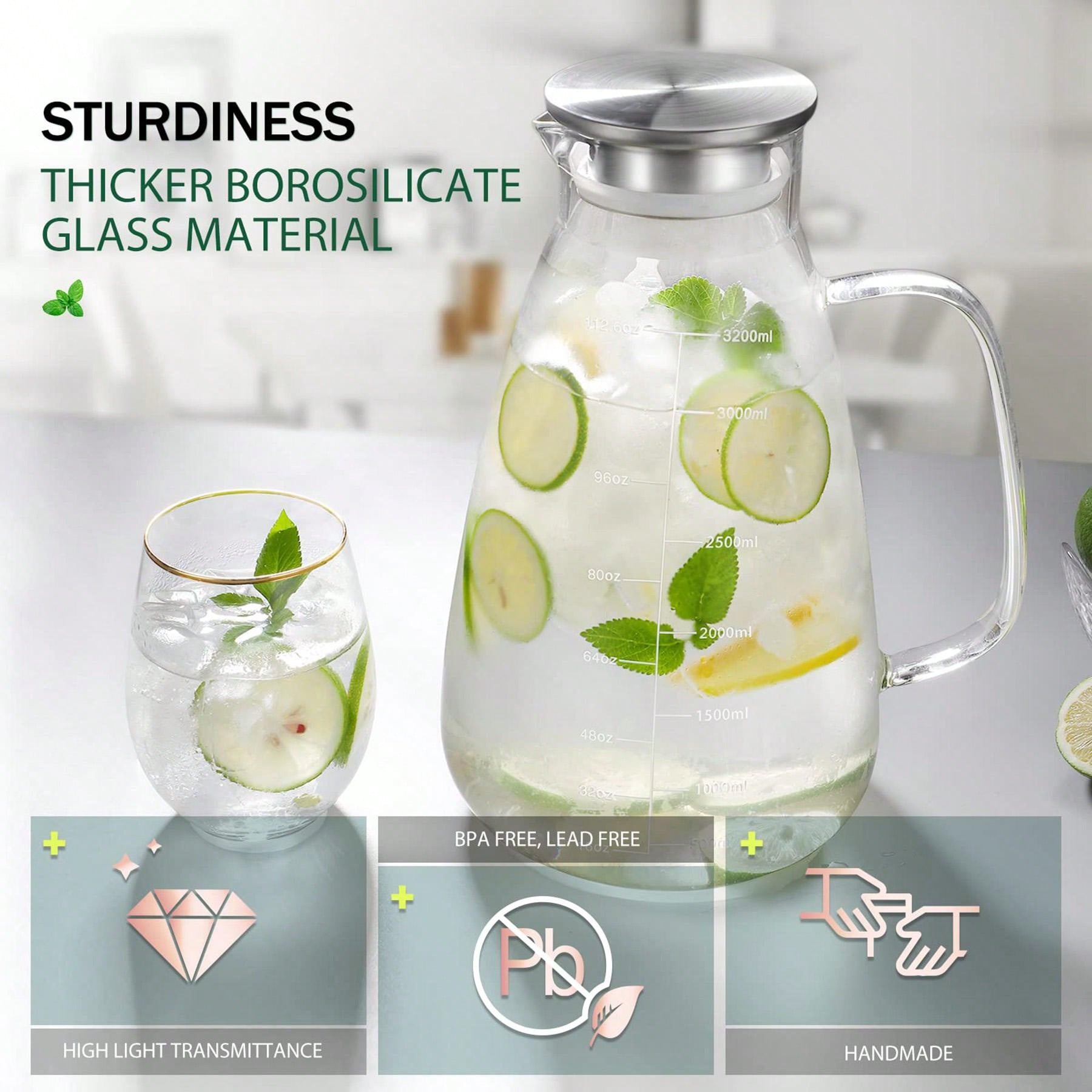 125oz Glass Pitcher With Lid 1 Gallon Pitcher, Glass Water Pitcher With ...