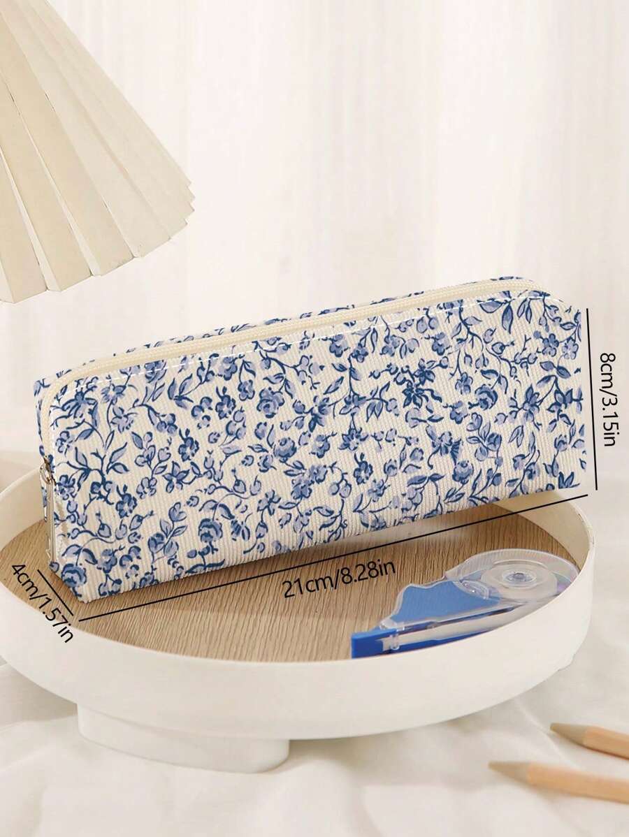1pc Floral Pattern Printed Corduroy Pencil Case, Stationery Storage Bag ...